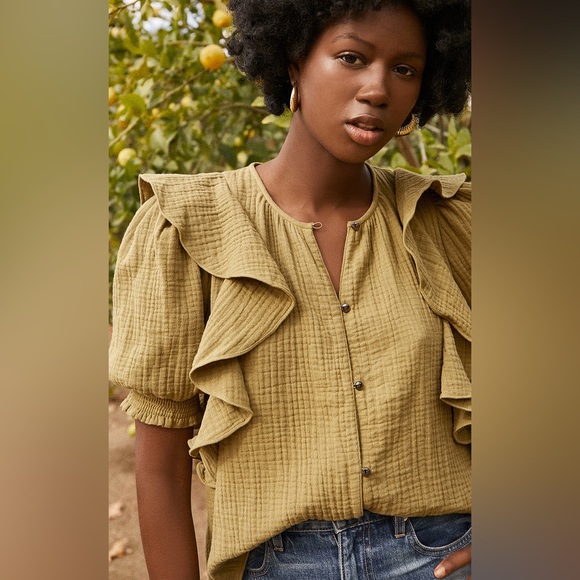 SAYLOR | Tops | Saylor Cotton Gauze Ruffled Ss Button Front Top | Poshmark